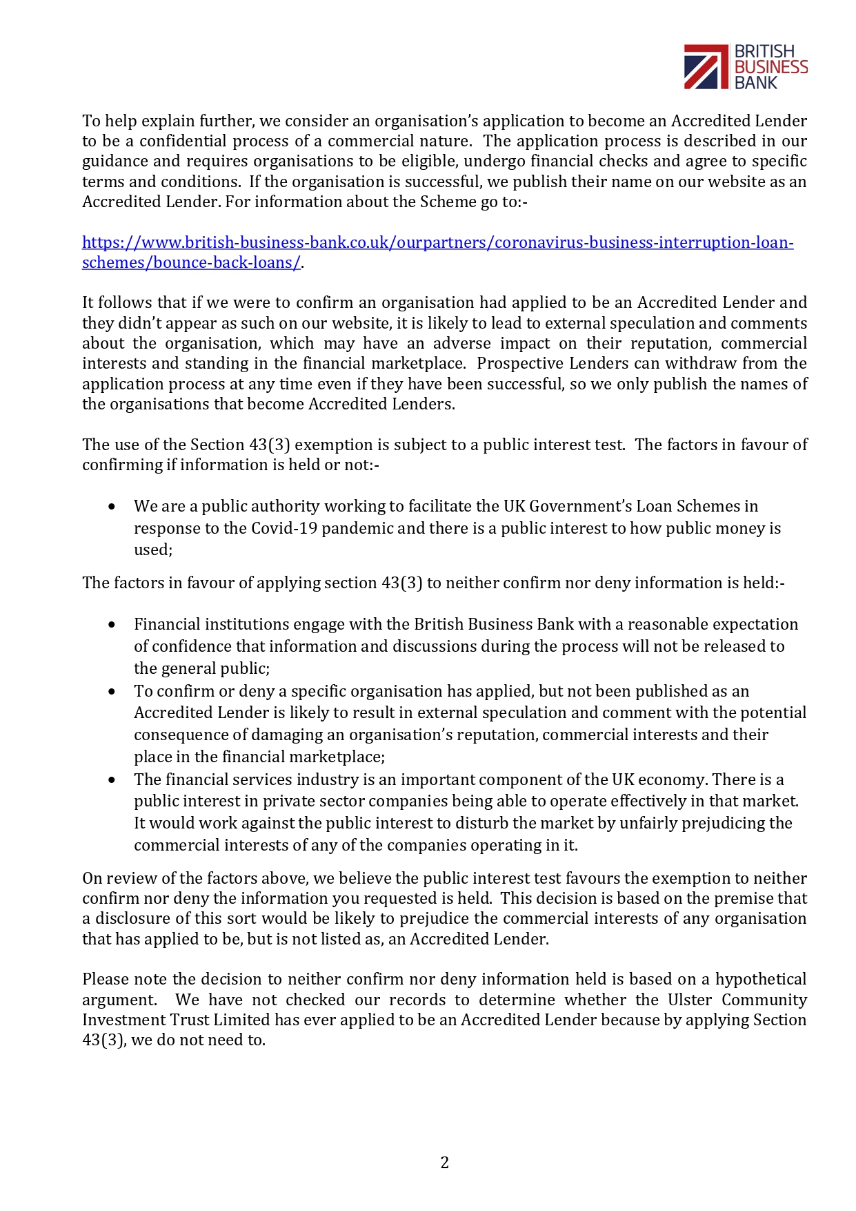 Information on Ulster Community Investment Trust BBL Lender Application ...