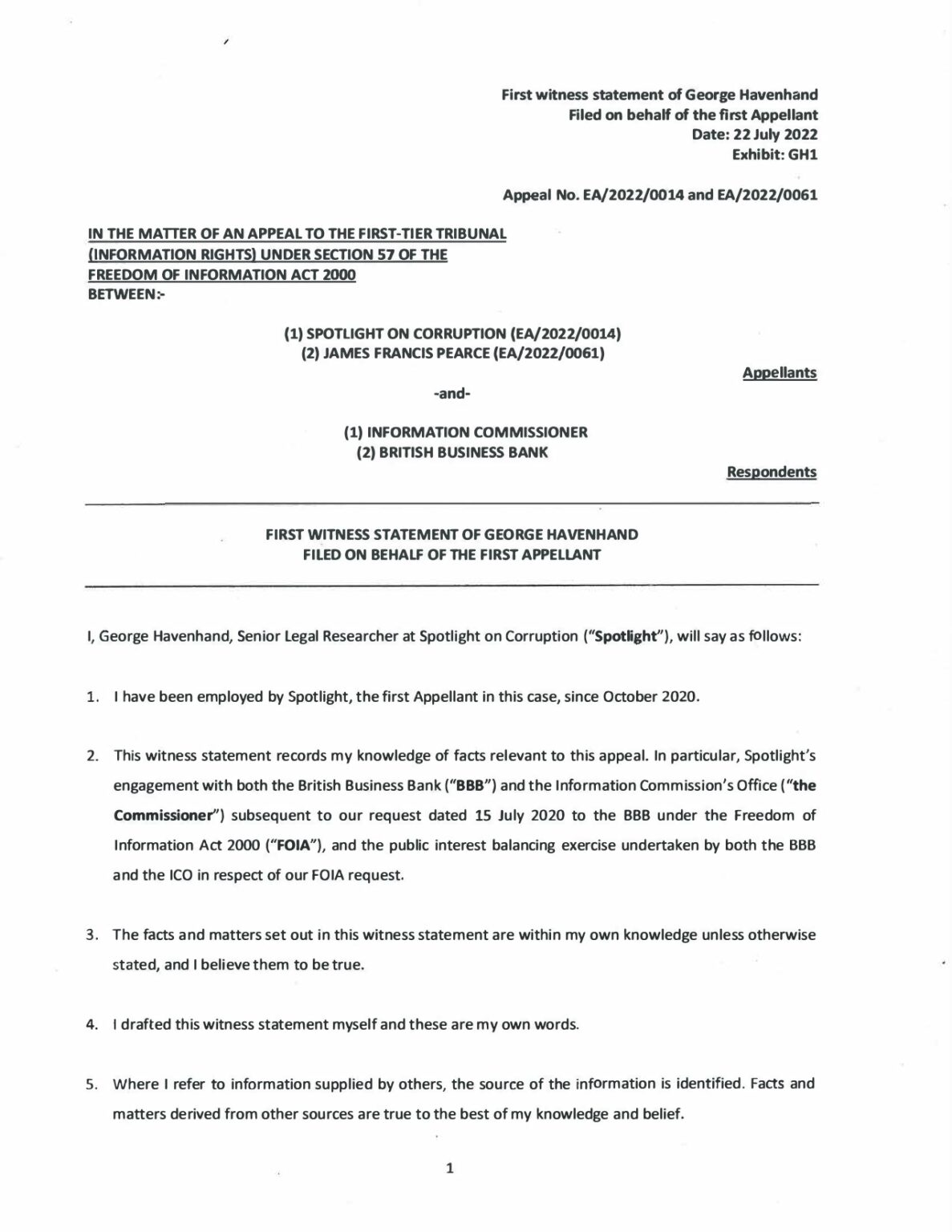 Witness Statements from George Havenhand and David Clarke for Spotlight ...